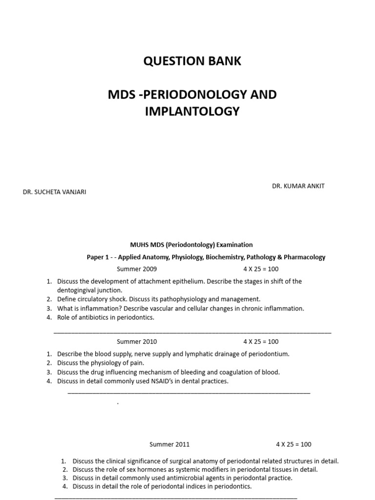 Question Bank From Muhs Rguhs MGR Papers 1 | PDF | Periodontology ...