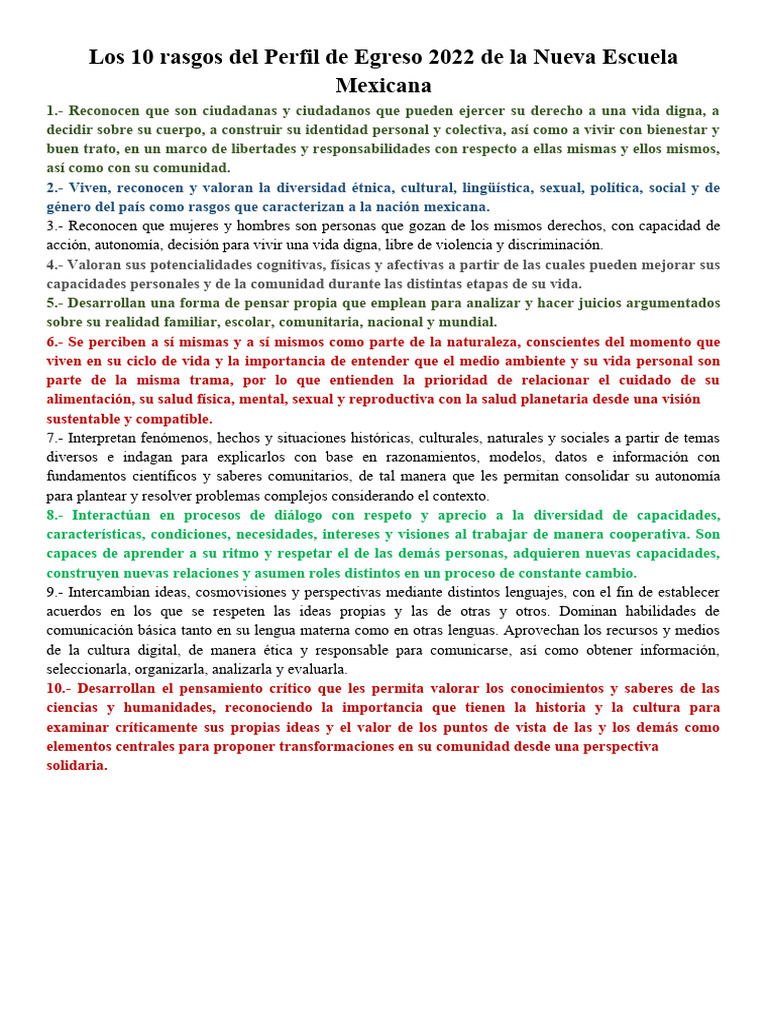 Los 10 Rasgos Del Perfil de Egreso 2022 de La Nueva Escuela Mexicana | PDF