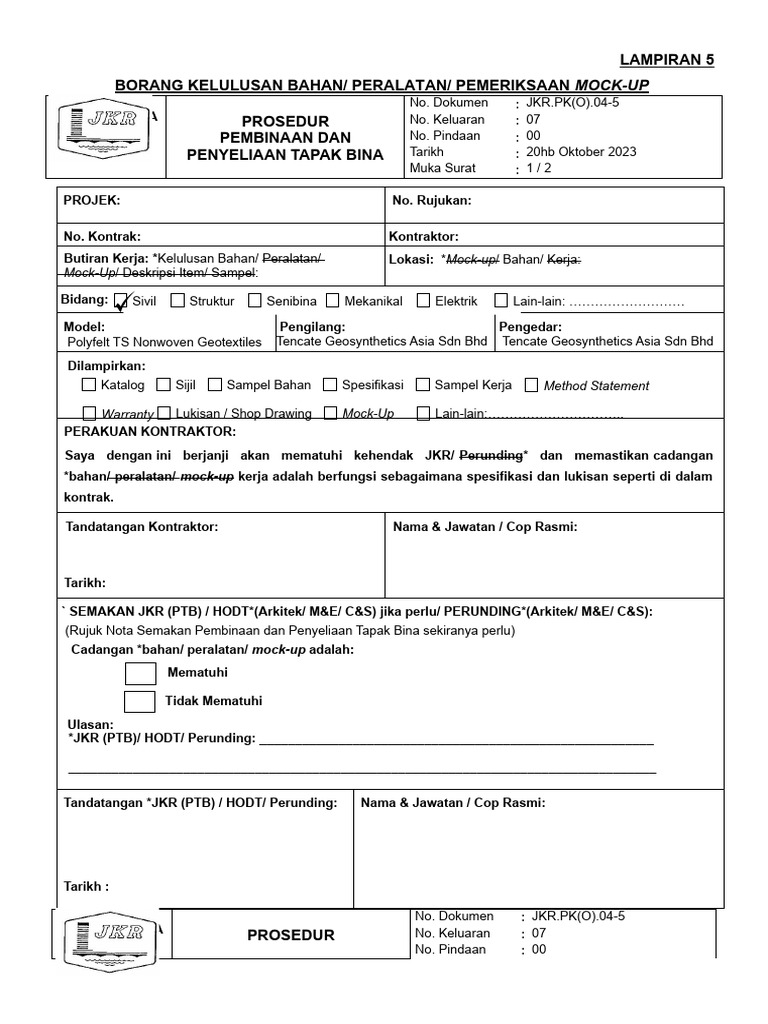 Borang Kelulusan Bahan JKR | PDF
