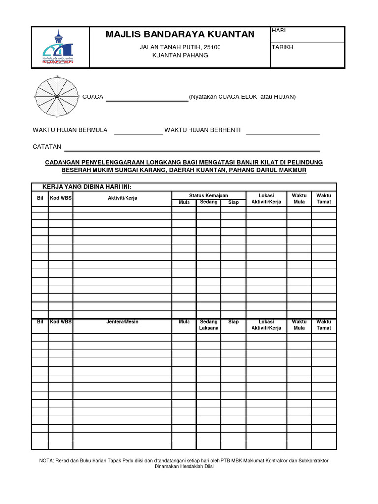 Contoh Site Diary Majlis Bandaraya Kuantan | PDF