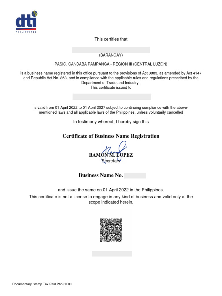 DTI Business Name Registration Certificate | PDF