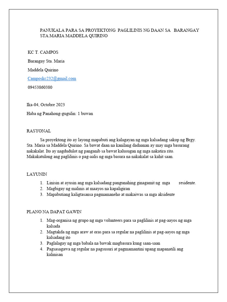 Panukala para Sa Proyektong Paglilinis NG Daan Sa Barangay Sta | PDF Panukala para Sa Proyektong Paglilinis NG Daan Sa Barangay Sta | PDF