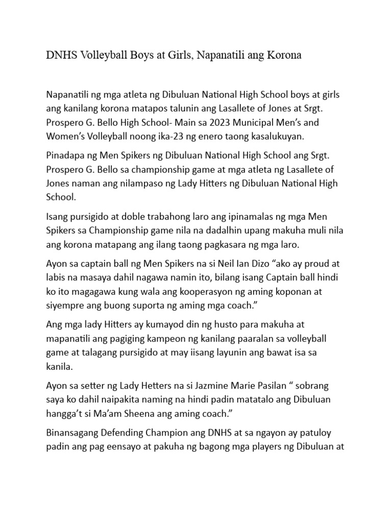 DNHS Volleyball Boys at Girls | PDF