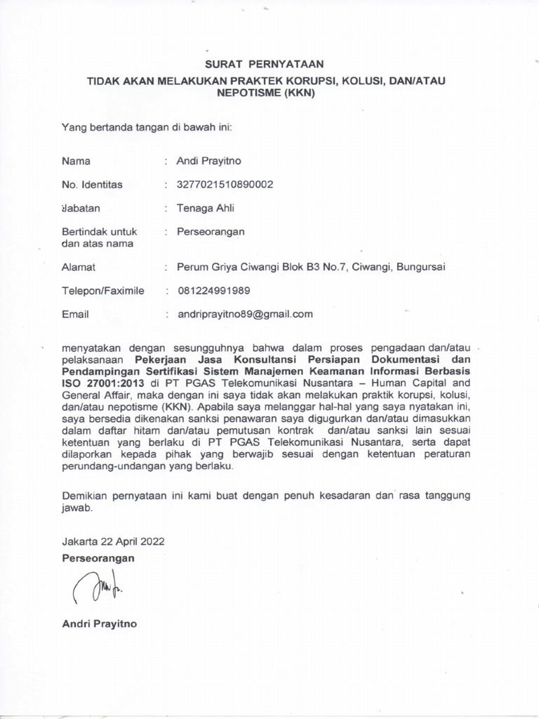 Surat Pernyataan Tidak KKN - Signed | PDF
