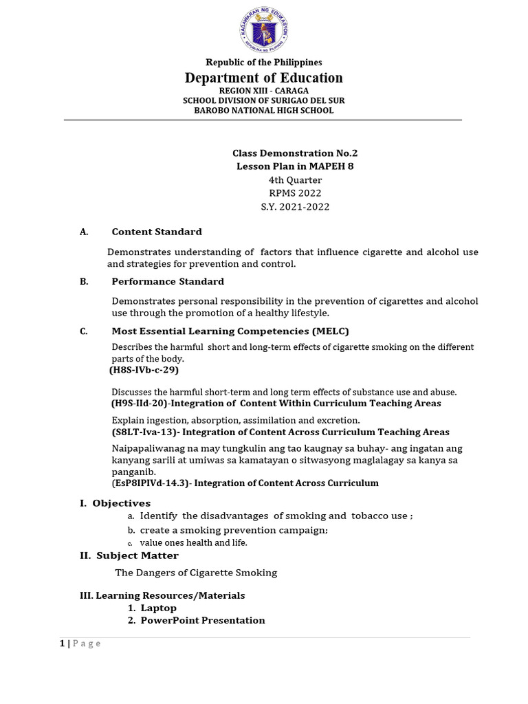 Lesson Plan For CO | PDF | Tobacco Smoking | Addiction