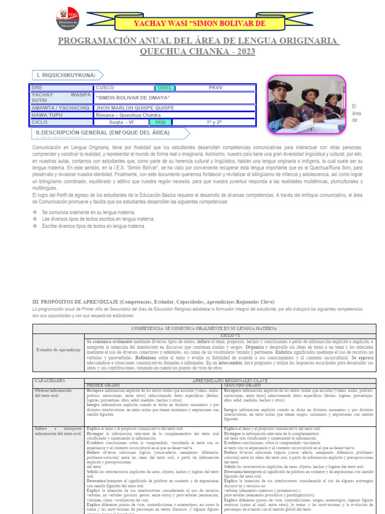 PROGRAMACION ANUAL VI QUECHUA 1° Y 2° | PDF | Aprendizaje | Lingüística