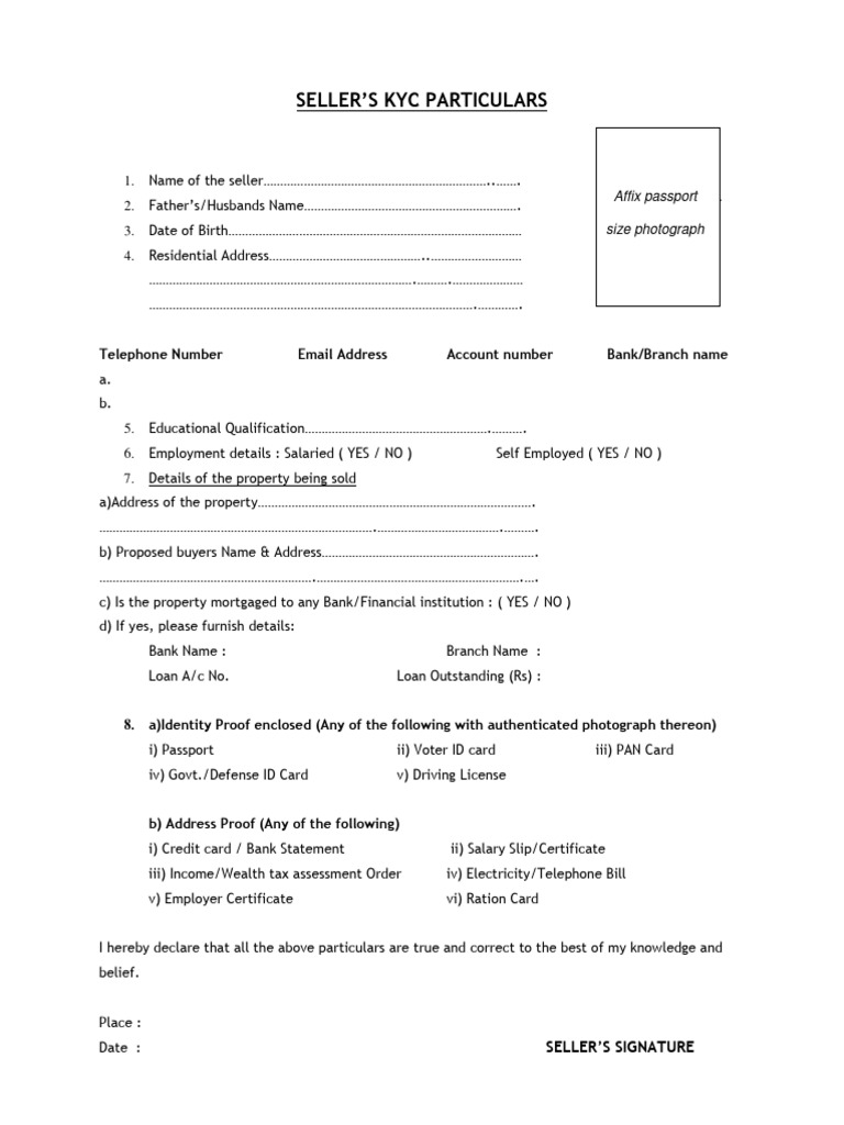Seller KYC Form for Real Estate Transactions | PDF | Games & Activities