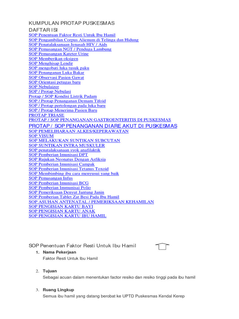 Kumpulan Protap Puskesmas Daftar Isi Sop | PDF
