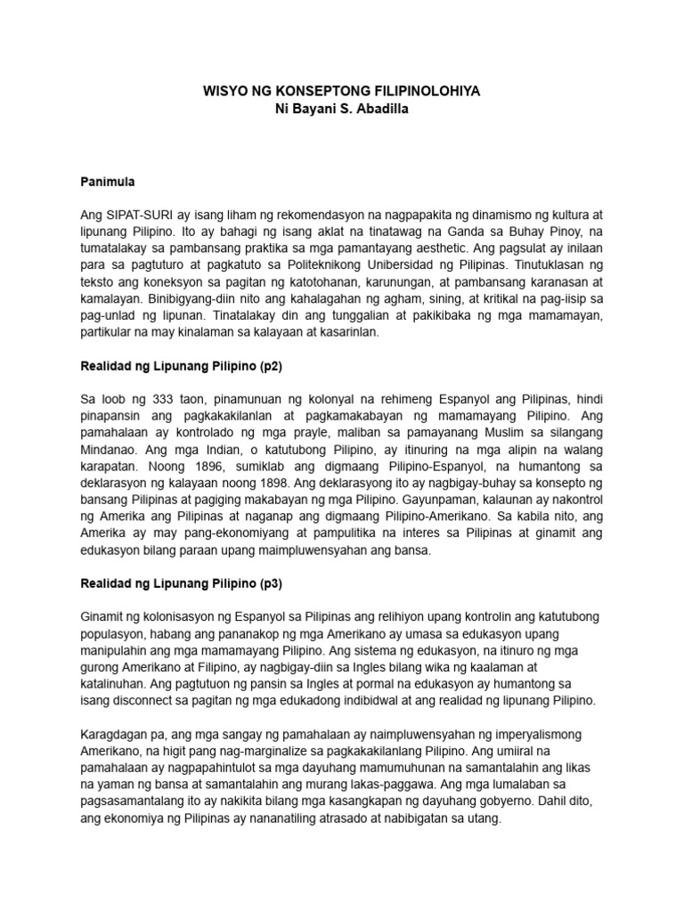 Wisyo NG Konseptong Filipinolohiya - Summary | PDF