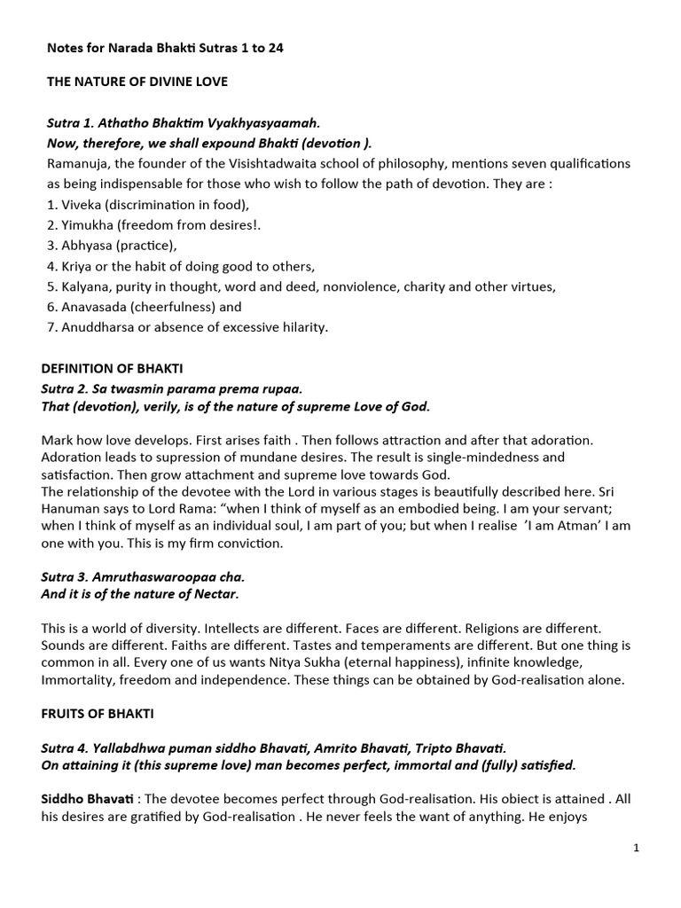 Notes For Narada Bhakti Sutras 1 To 24 EN | PDF | Bhakti | Love