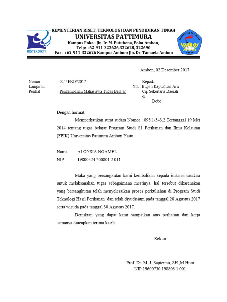 Surat Pengembalian Mahasiswa Tugas Belajar Unpati | PDF