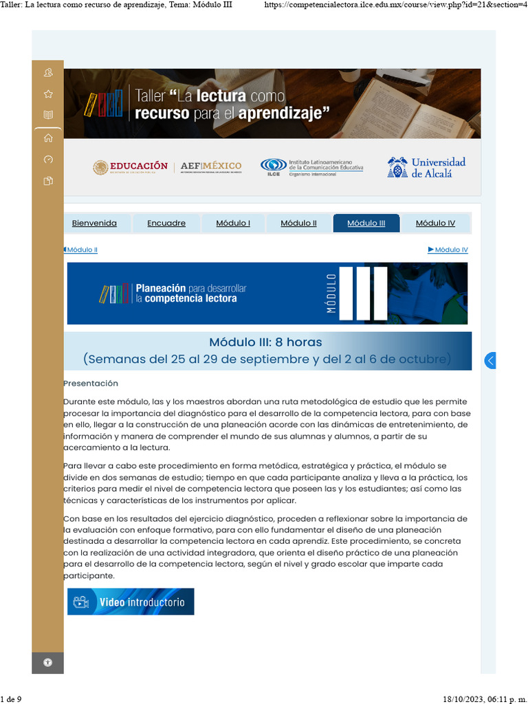 Taller La Lectura Como Recurso de Aprendizaje, Tema Módulo III | PDF