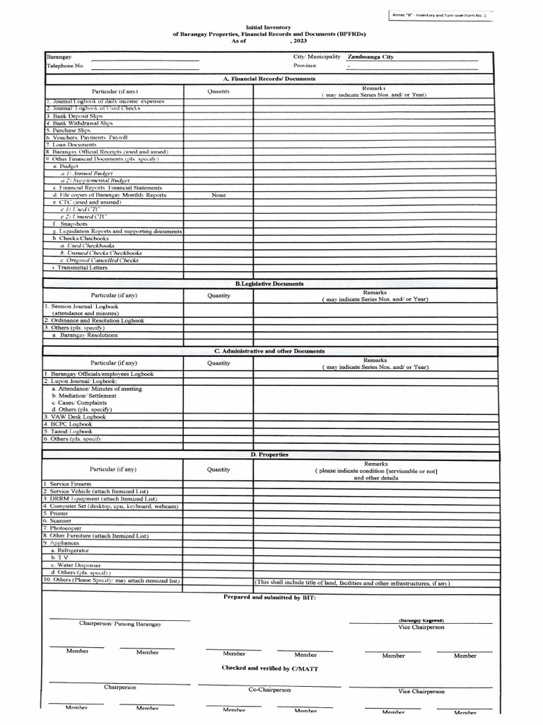 Initial Inventory Form No. 1 | PDF