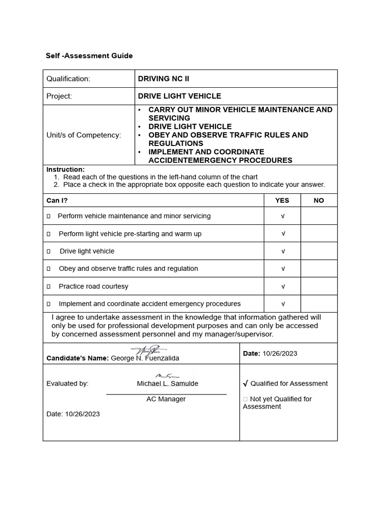 Driving NC II Self-Assessment Guide | PDF