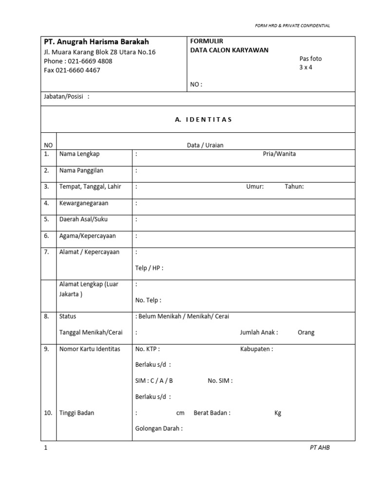 Formulir Hrd Calon Karyawan Ahb | PDF