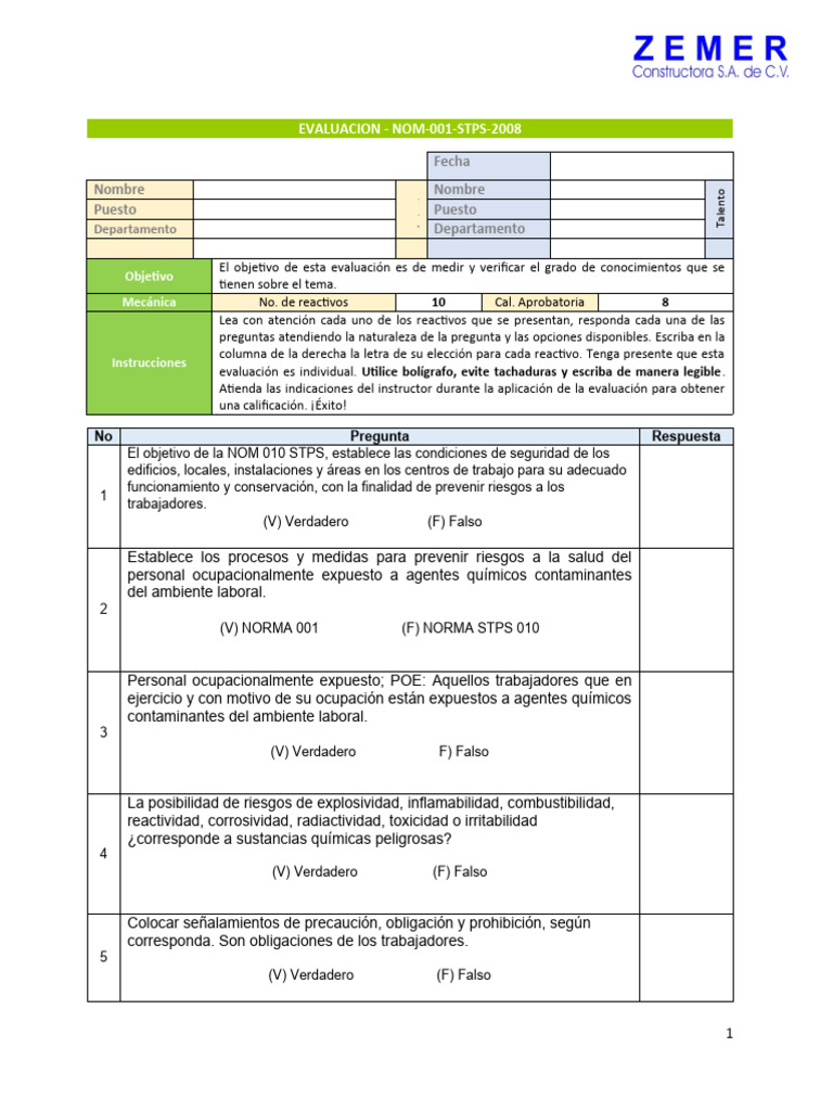 Formato Examen NOM 010 STPS | PDF