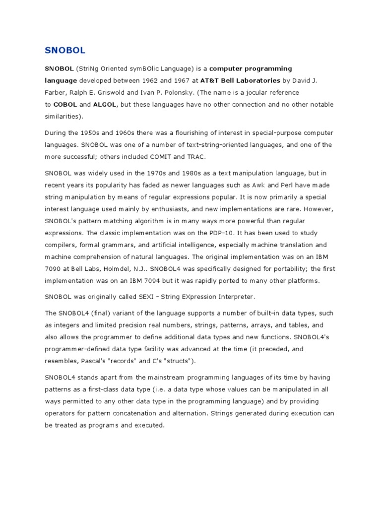SNOBOL | PDF | Computer Programming | Software Development