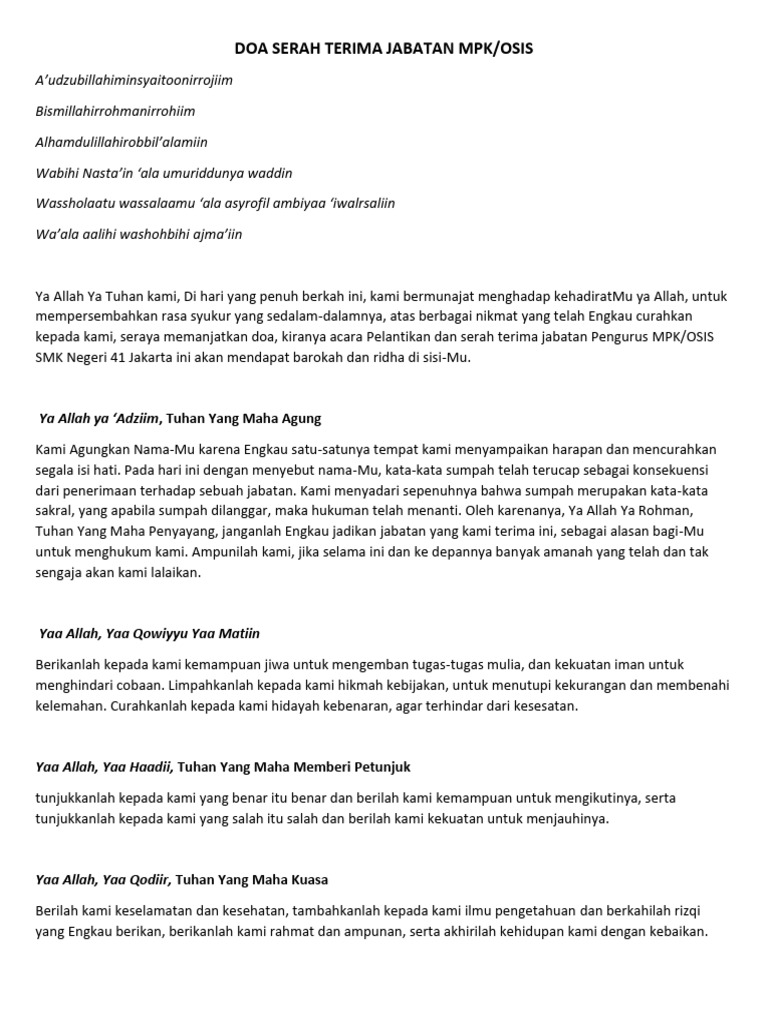 Teks Doa Sertijab Mpkosis | PDF | Pengembangan Diri | Gaya Hidup