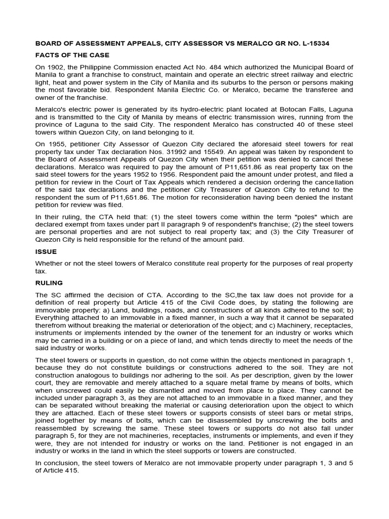 Board of Assessment Appeals, City Assessor Vs Meralco GR No. L-15334 ...