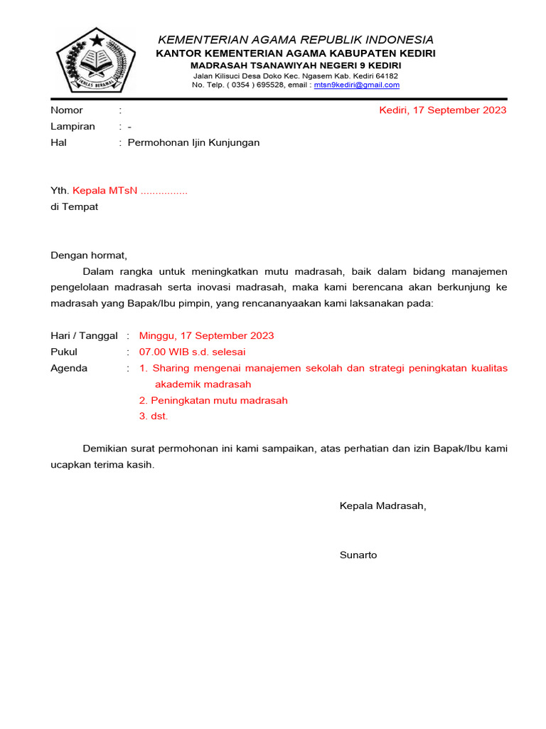 Contoh Surat Ijin Kunjungan Sekolah | PDF | Karier & Perkembangan