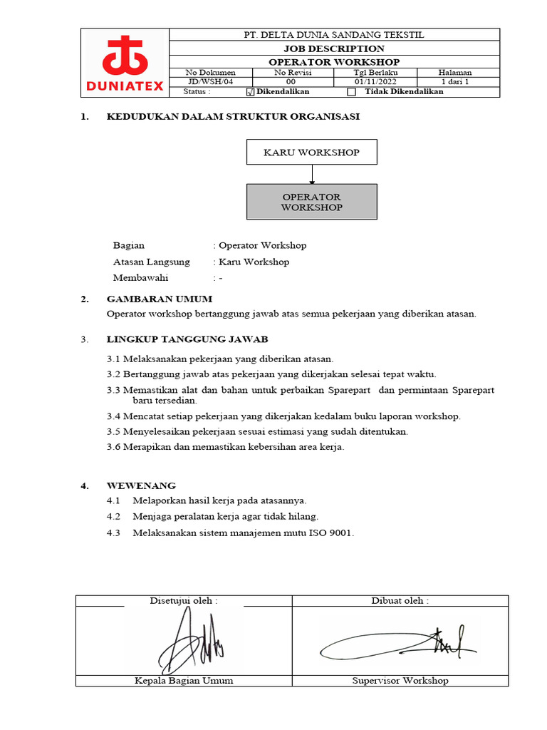Jobdesc Anggota Workshop | PDF