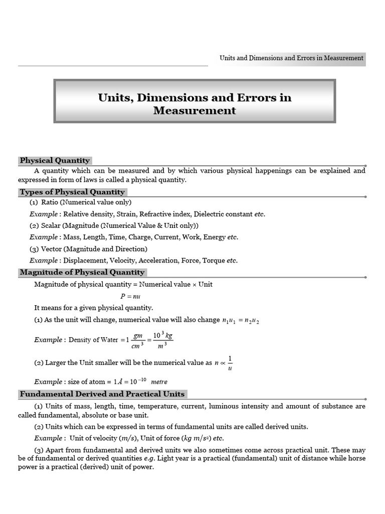 Final-01PE Units, Dimensions and Errors in Measurement - Doc | PDF ...