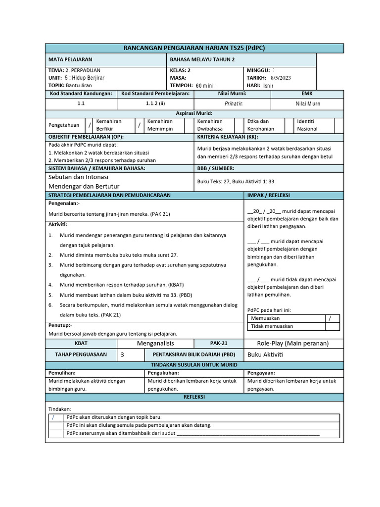 Rancangan Pengajaran Harian Ts25 (PDPC) : Sebutan Dan Intonasi Mendengar Dan Bertutur | PDF