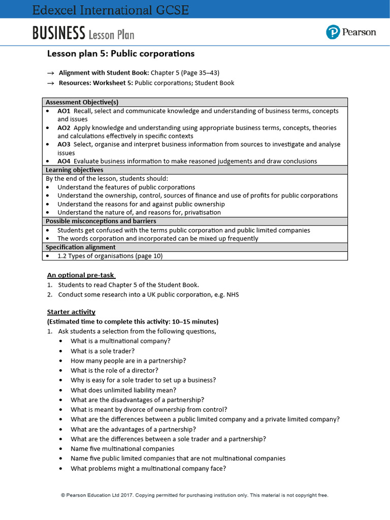 Lesson Plan 5 Public Corporations | PDF