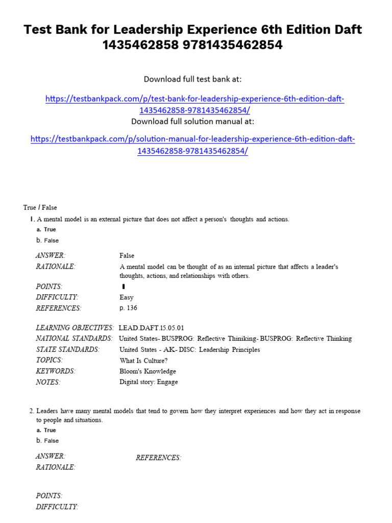 Leadership Experience 6th Edition Daft Test Bank 1 | PDF | Thought ...