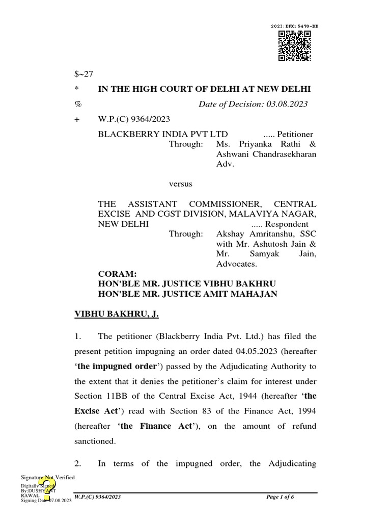 Blackberry India Excise Refund Interest Case | PDF