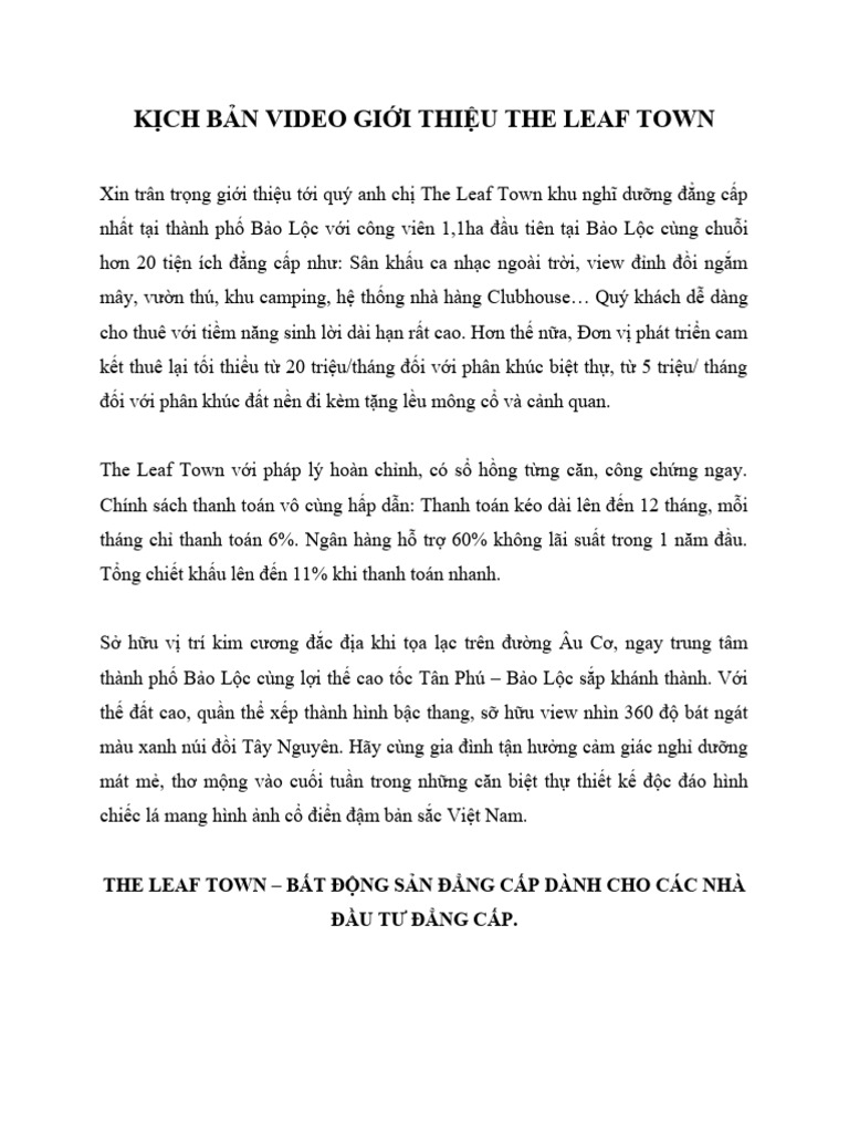 KỊCH BẢN VIDEO GIỚI THIỆU THE LEAF TOWN-1 | PDF
