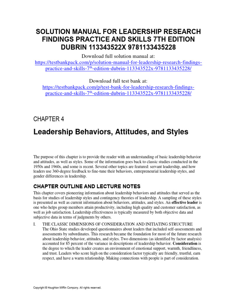 Leadership Research Findings Practice and Skills 7th Edition DuBrin ...