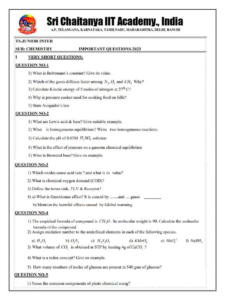 TS - JR - Ipe Chemistry Important Questions - 01-03-2023 | PDF ...