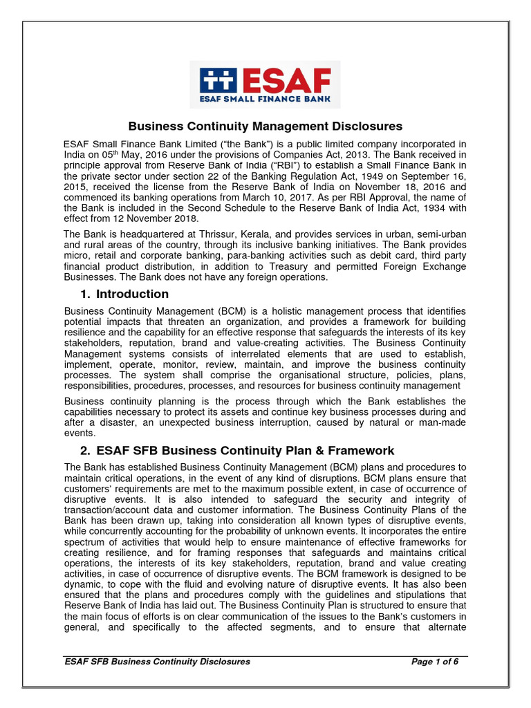 Business Continuity Management Disclosures ESAF SFB May 2021 | PDF
