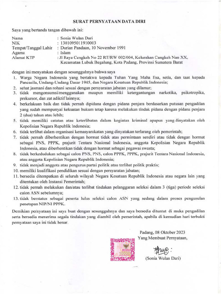 Final SURATPERNYATAANDIRI SONYA | PDF