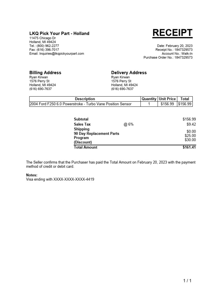 LKQ Receipt for Ford F250 Parts | PDF