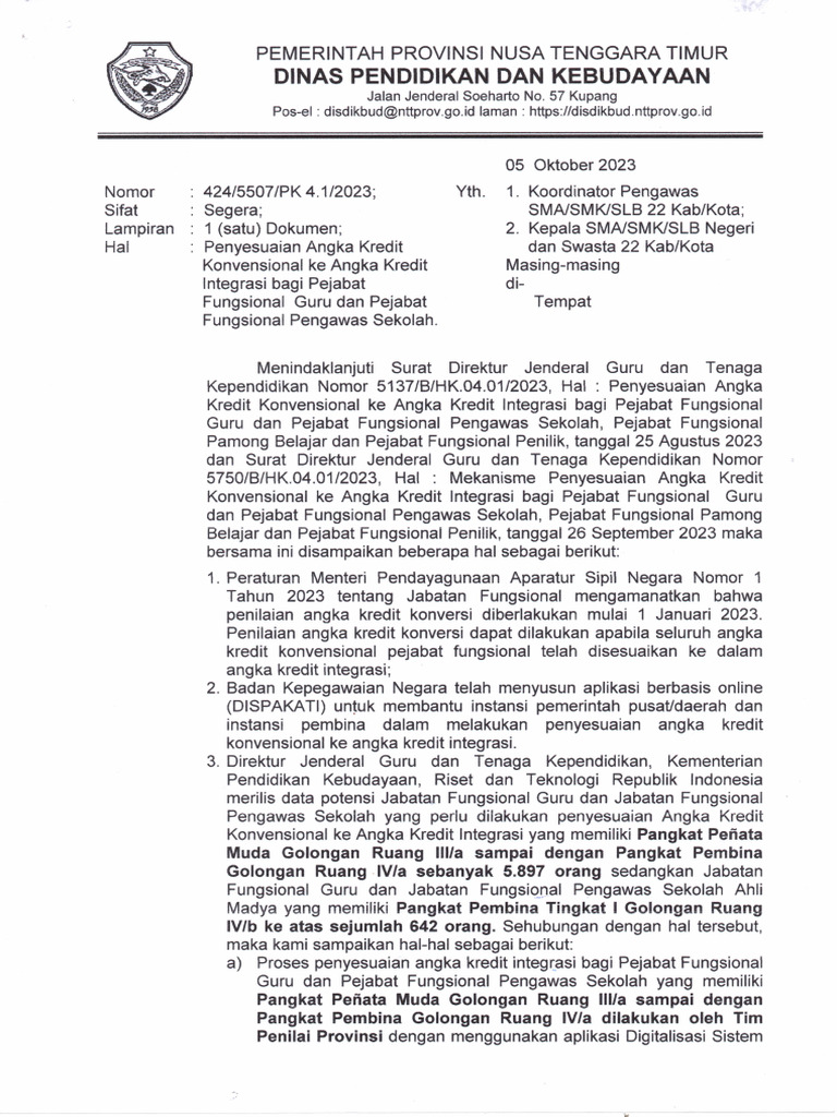 05 Oktober Surat Penyesuaian AK Konvensional Ke AK Integrasi JF Guru Dan JF Pengawas Sekolah | PDF