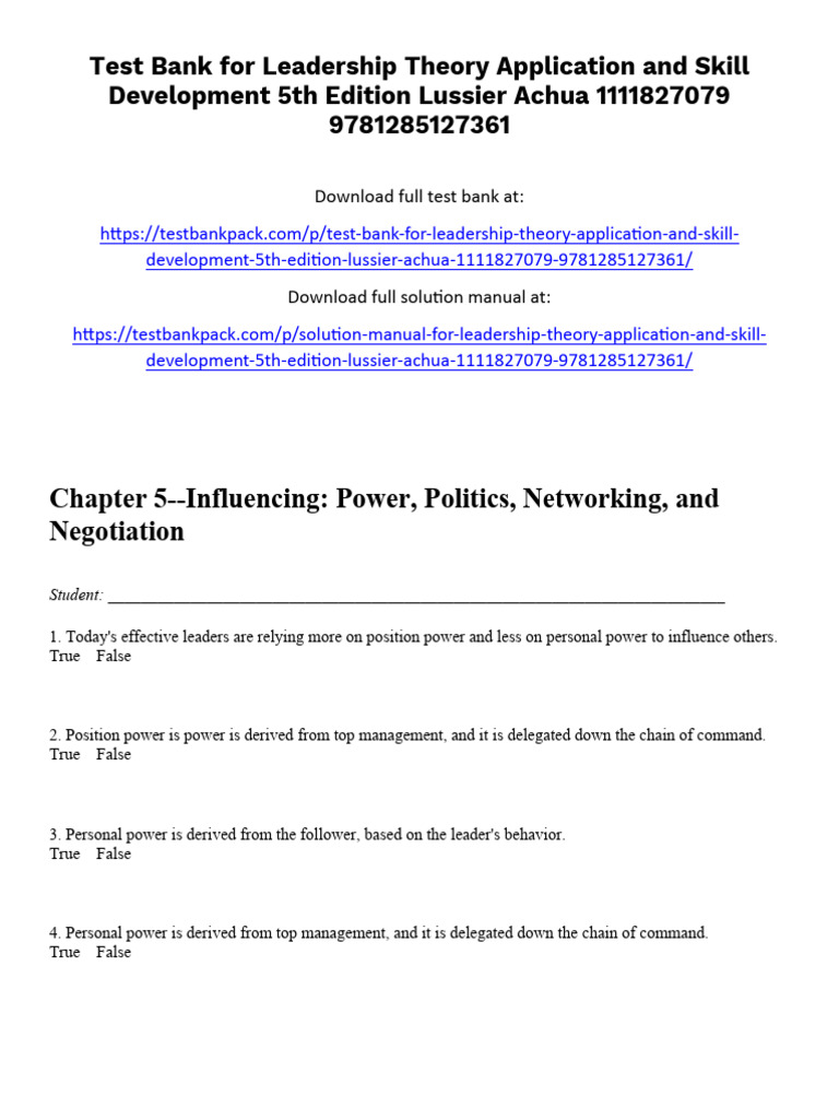 Leadership Theory Application and Skill Development 5th Edition Lussier ...