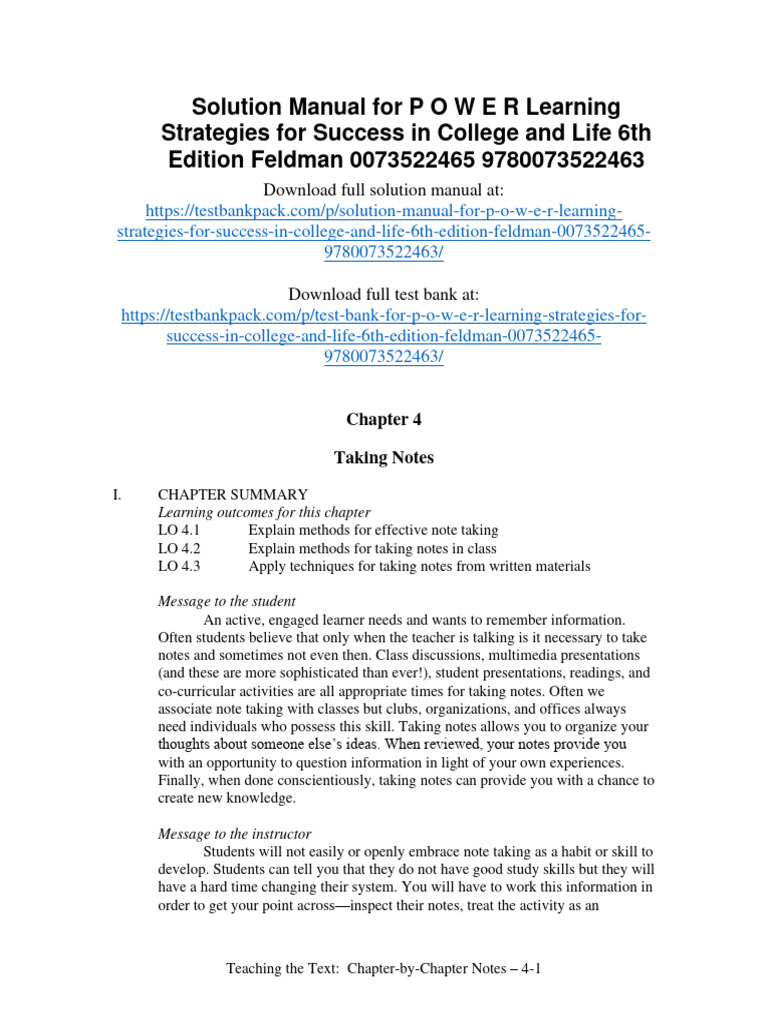 P O W E R Learning Strategies For Success in College and Life 6th Edition Feldman Solutions ...