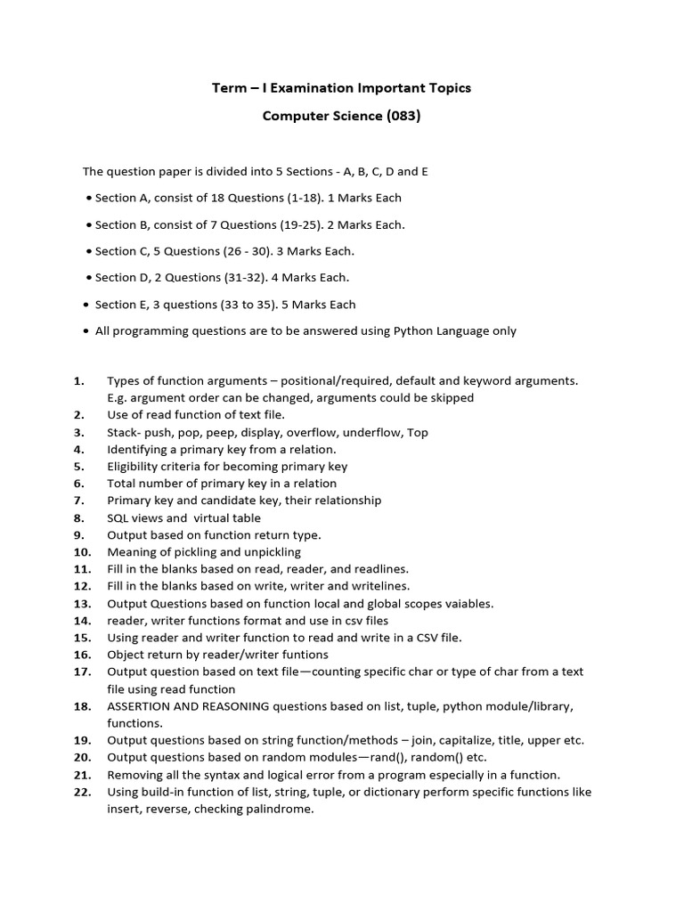Class XII Comp Science - Important Topics | PDF | Parameter (Computer Programming) | Software ...