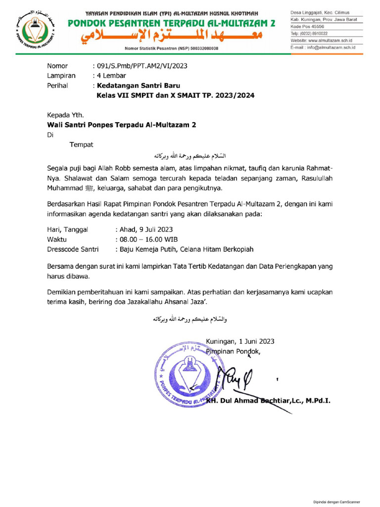 Pemberitahuan Kedatangan Santri Baru | PDF