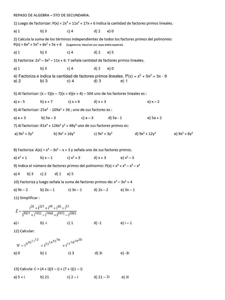 2 Repaso de Algebra 5to de Sec. Final. | PDF