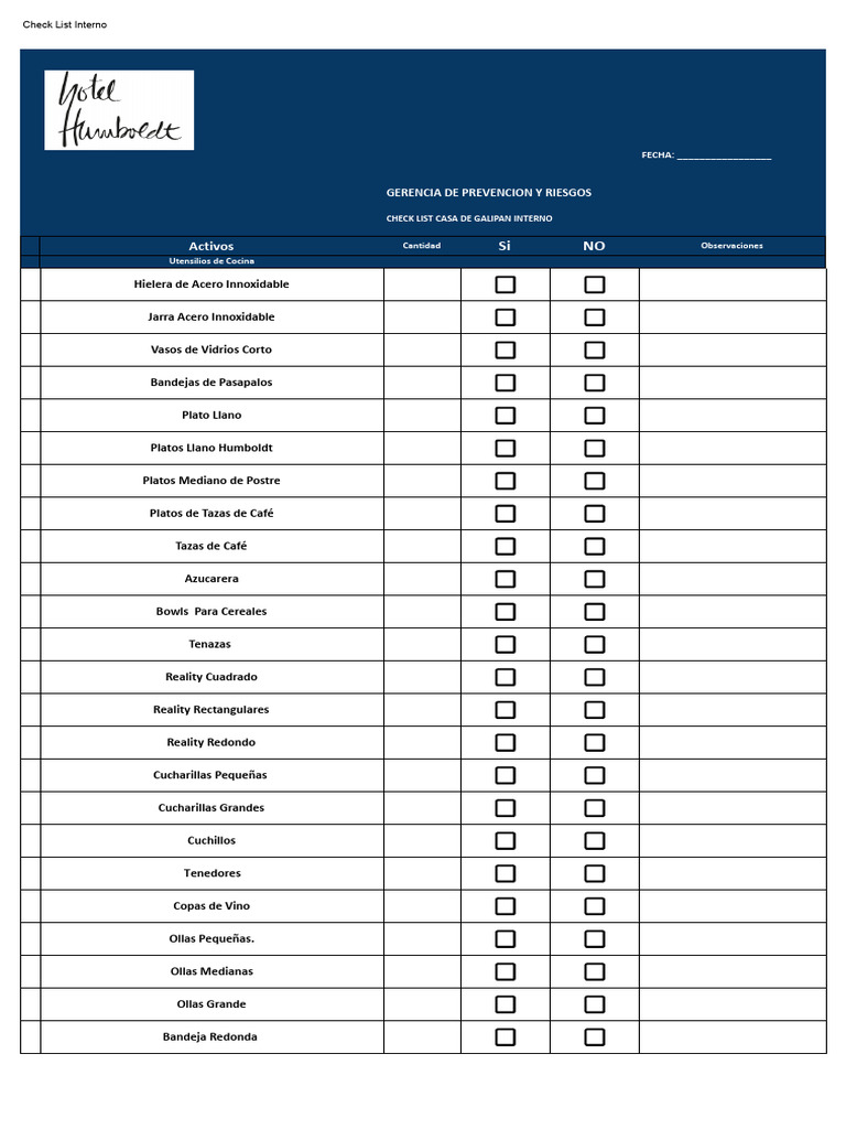 Check List Interno Casa Galipan | PDF | Equipo | Comida y bebida