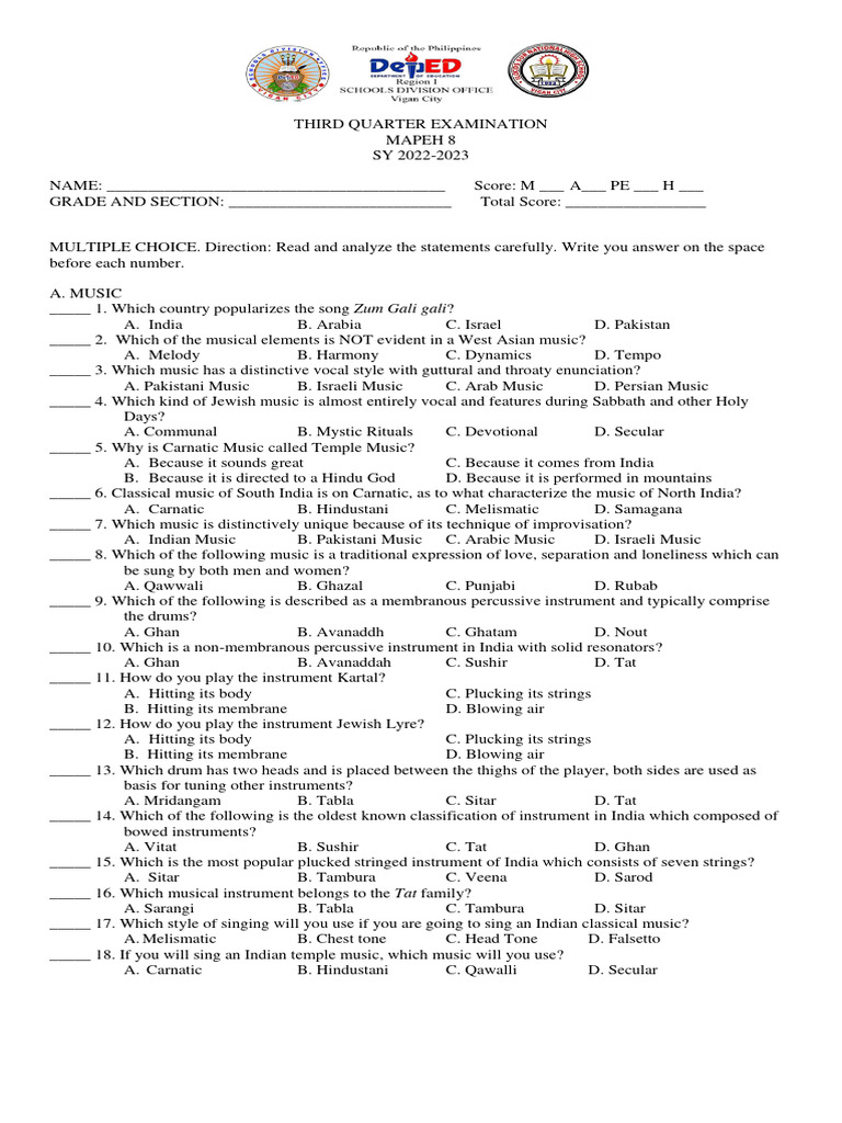 Mapeh 8 3RD QTR PT | PDF | String Instruments | Chess