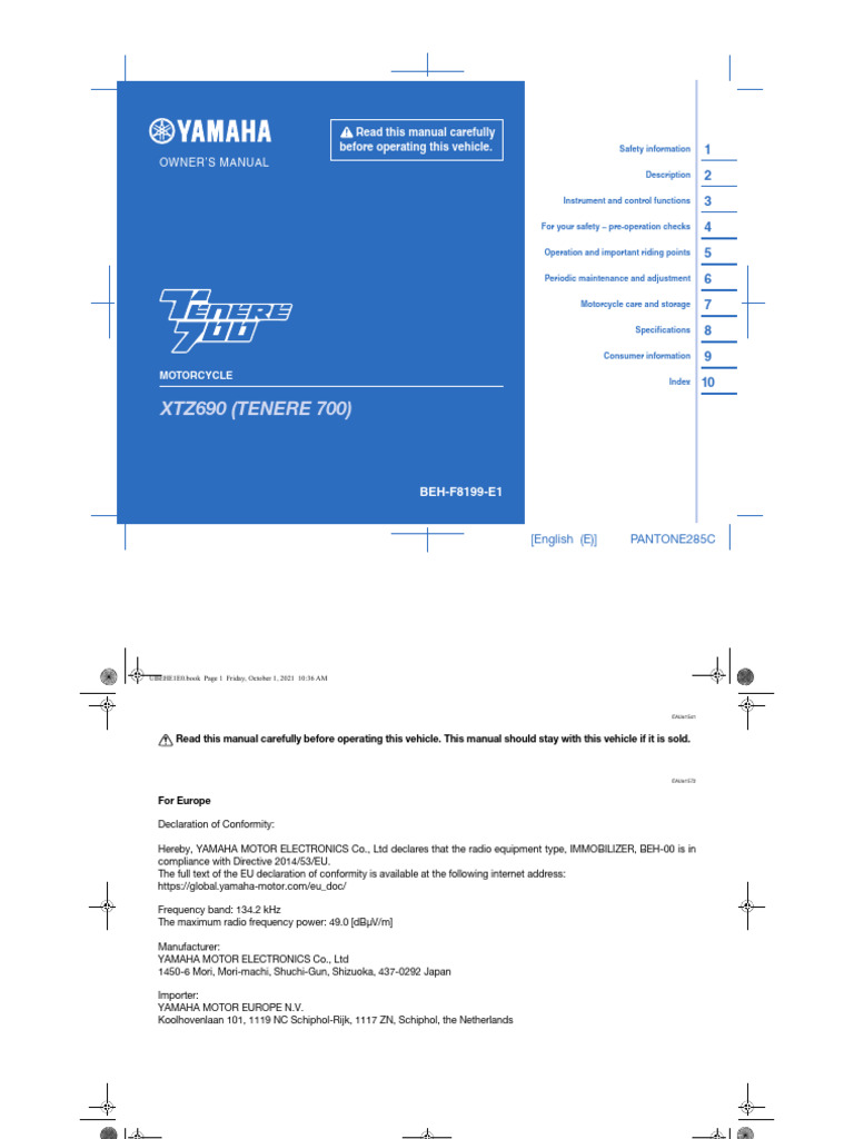 Yamaha Tenere 700 Owner Manual | PDF | Anti Lock Braking System | Motorcycle