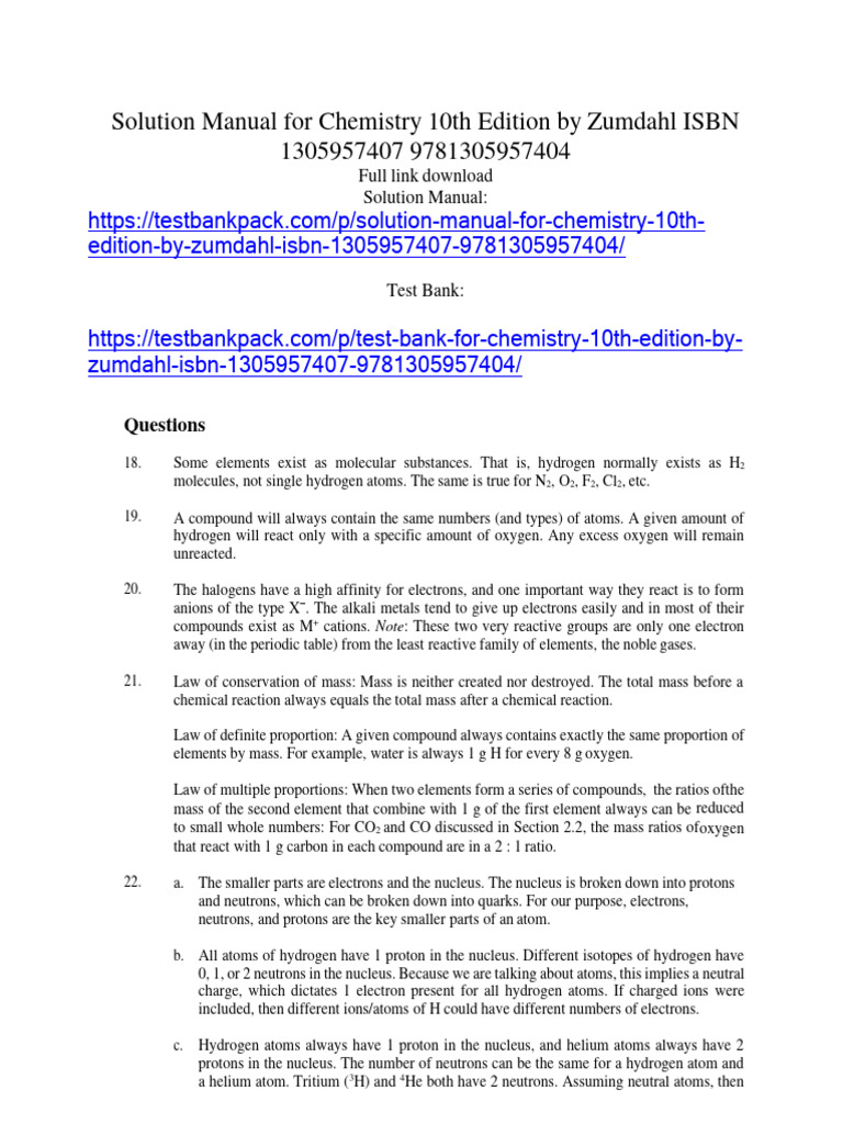 Solution Manual For Chemistry 10th Edition by Zumdahl ISBN 1305957407 ...