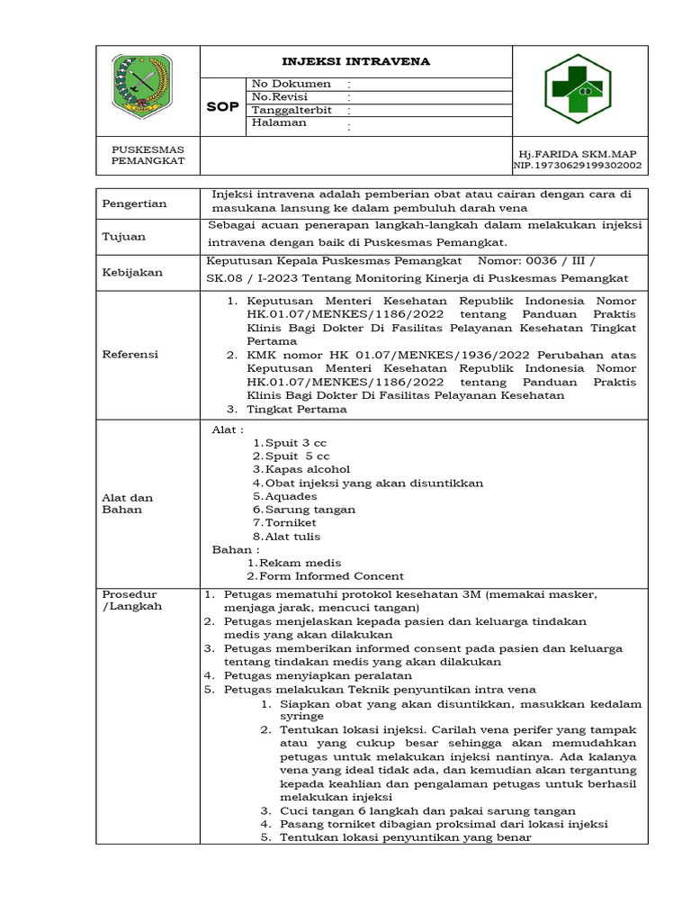Sop Injeksi Intravena | PDF