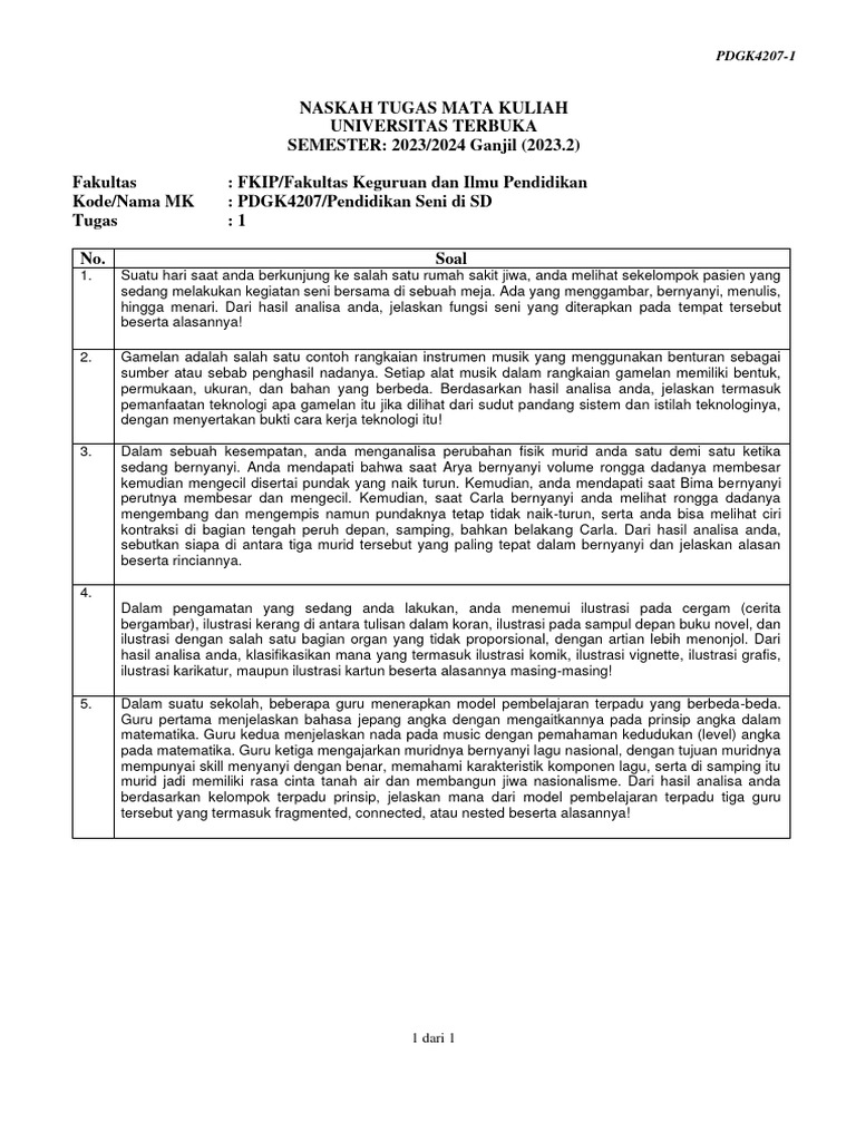 Soal pdgk4207 tmk1 1 | PDF | Seni & Disiplin Bahasa