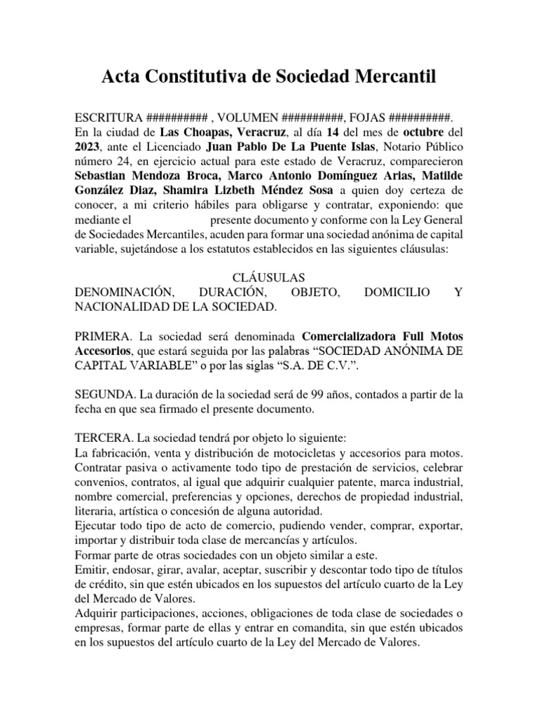 Acta Constitutiva de Sociedad Mercantil | PDF