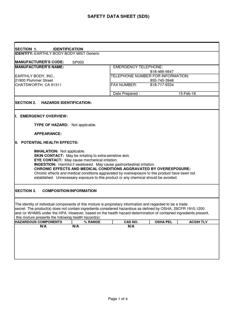 SDS Body Mist Generic | PDF | Water | Firefighting